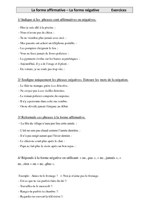 Forme affirmative – Forme négative – Cm1 – Exercices – Grammaire ...