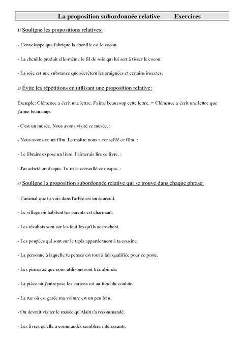 Proposition subordonnée relative – Cm1 – Exercices – Grammaire – Cycle ...