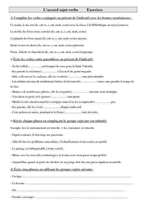 Accord sujet-verbe - Cm2 - Exercices - Grammaire - Cycle 3 - Pass Education