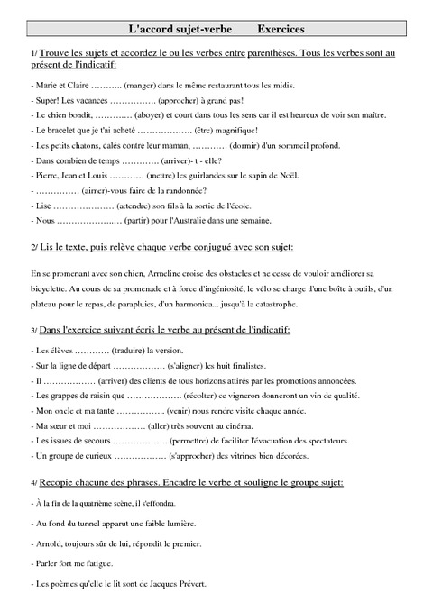 Accord sujet-verbe - Cm2 - Exercices - Grammaire - Cycle 3 - Pass Education