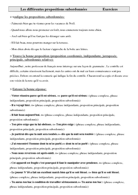 Différentes propositions subordonnées - Cm2 - Exercices - Grammaire ...