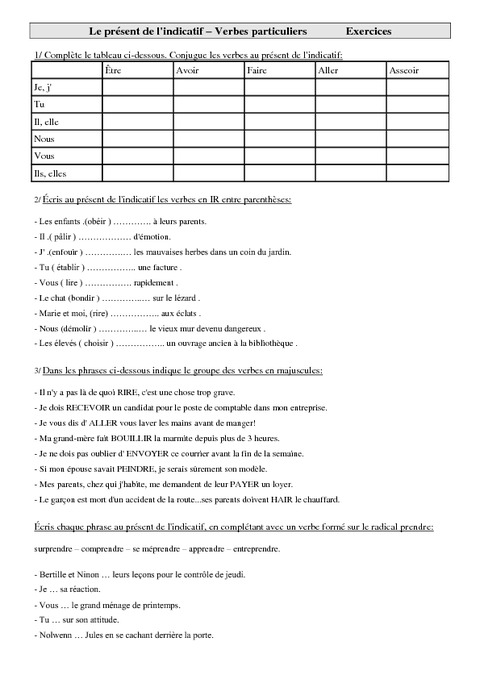 Présent de l'indicatif – Verbes particuliers - Cm2 - Exercices ...