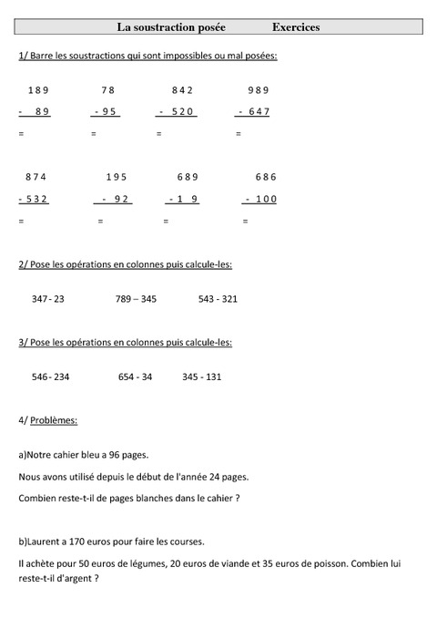 Soustraction posée - Ce2 - Exercices à imprimer - Pass Education