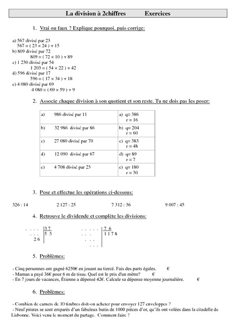Division à 2 chiffres - Cm2 - Exercices - Calculs - Cycle 3 - Pass ...