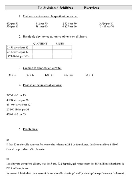 Division à 2 chiffres - Cm2 - Exercices - Calculs - Cycle 3 - Pass ...