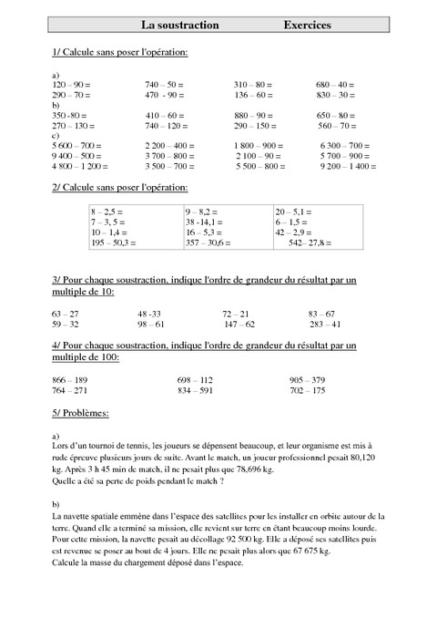Soustraction - Cm2 - Exercices - Calculs - Cycle 3 - Pass Education