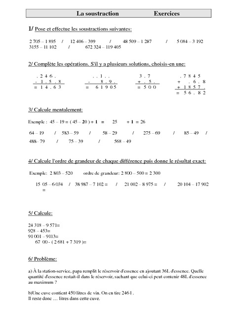 Soustraction - Cm2 - Exercices - Calculs - Cycle 3 - Pass Education