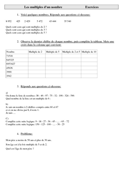 Multiples d'un nombre - Cm2 - Exercices - Calculs - Mathématiques ...