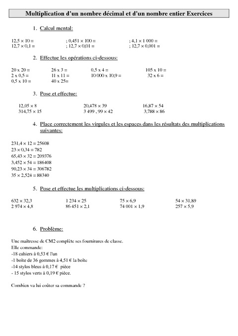 Multiplication d'un nombre décimal et d'un nombre entier - Cm2 ...