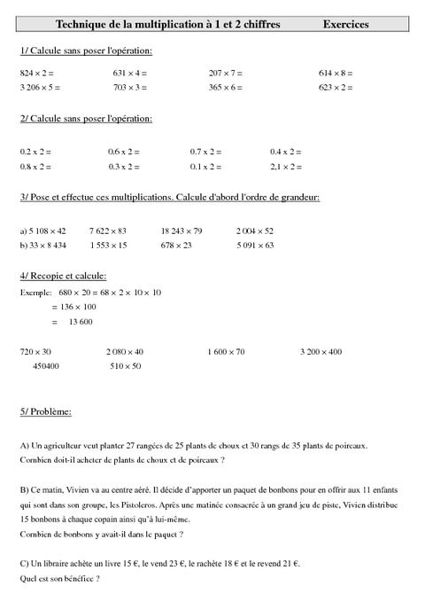Technique de la multiplication à 1 et 2 chiffres - Cm2 - Exercices ...