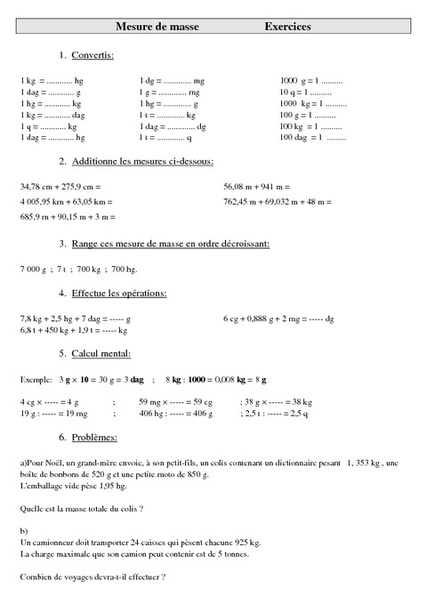 Mesures de masse – Cm2 – Exercices – Mesures – Cycle 3 - Pass Education
