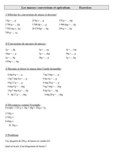 Mathématiques- Exercices sur les mesures cm1-cm2 cycle 3: Les masses ...