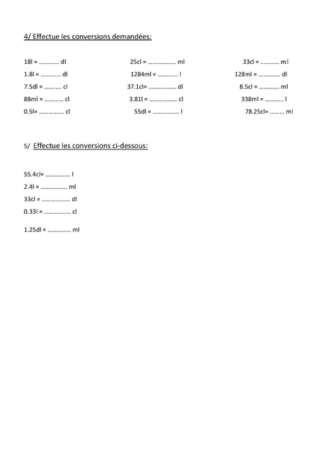 Mesures de contenance – Cm1 – Exercices – Mesures – Cycle 3 - Pass ...