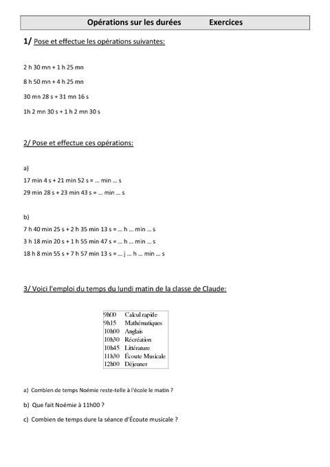 Opérations sur les durées - Cm1 - Exercices - Mesures - Cycle 3 - Pass ...