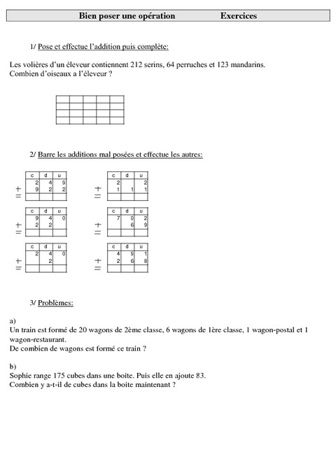 Bien poser une opération - Ce2 - Exercices - Pass Education
