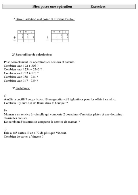 Bien poser une opération - Ce2 - Exercices - Pass Education
