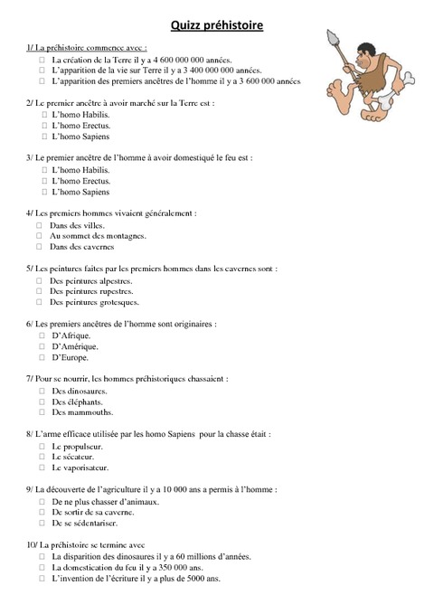 Quizz préhistoire - Exercices - Ce2 - Cycle 3 - Pass Education