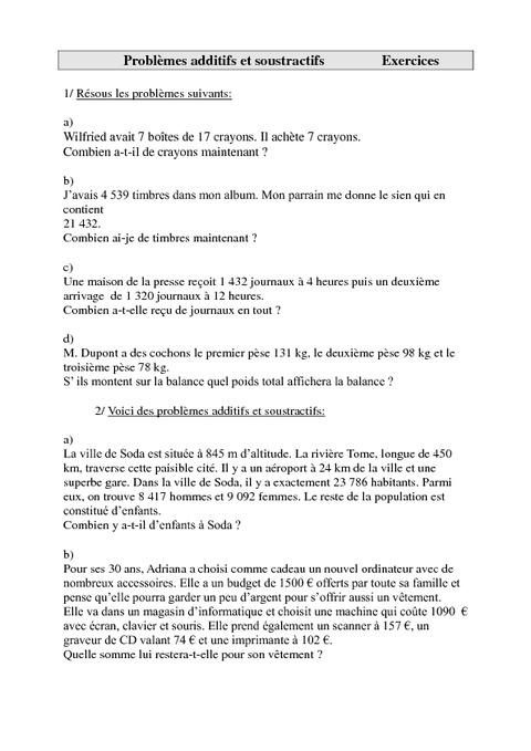 Problèmes additifs et soustractifs - Cm1 - Exercices - Cycle 3 -1 ...