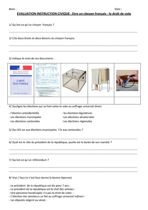 Le droit de vote - Cm1 cm2 - Evaluation: Etre un citoyen français ...