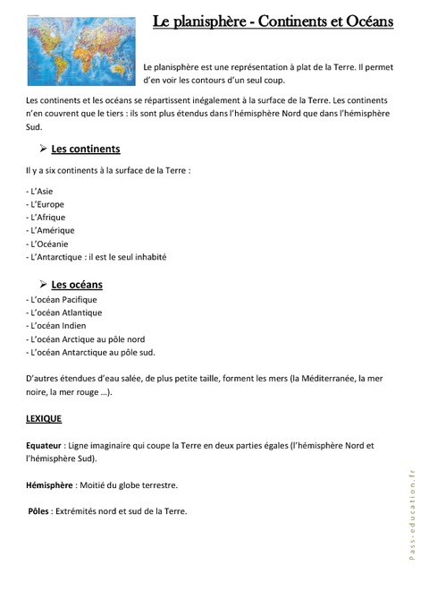 Le planisphère - Continents et océans - Ce2 - Leçon - Pass Education