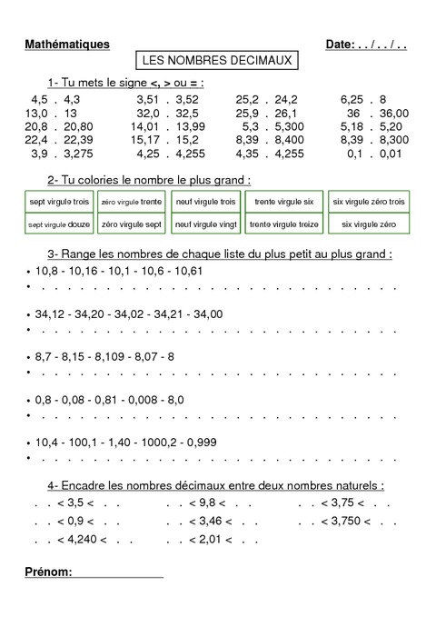 Nombres décimaux - Ordre - Cm1 - Cm2 - Exercices - Numération ...