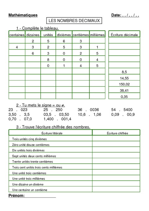 Nombres décimaux - Cm1 - Cm2 - Exercices - Numération -Mathématiques ...