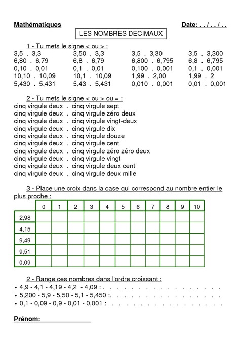 Nombres décimaux - Ordre - Cm1 - Cm2 - Exercices - Numération ...