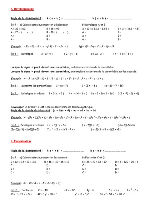 Calcul littéral – 4ème – Calculs – Exercices – Contrôle – Mathématiques ...