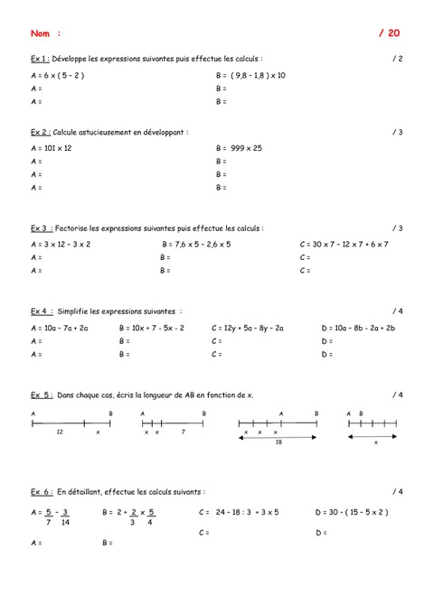 Calcul littéral - 5ème – Calculs – Exercices – Contrôle – Mathématiques ...