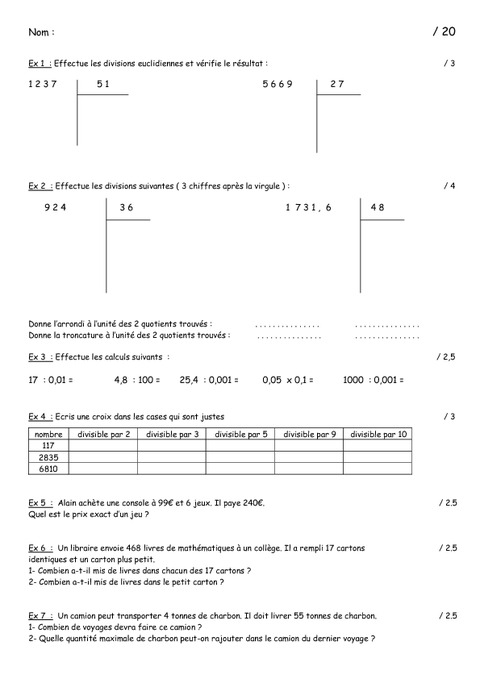 Division – 6ème – Calculs – Exercices – Contrôle – Mathématiques ...