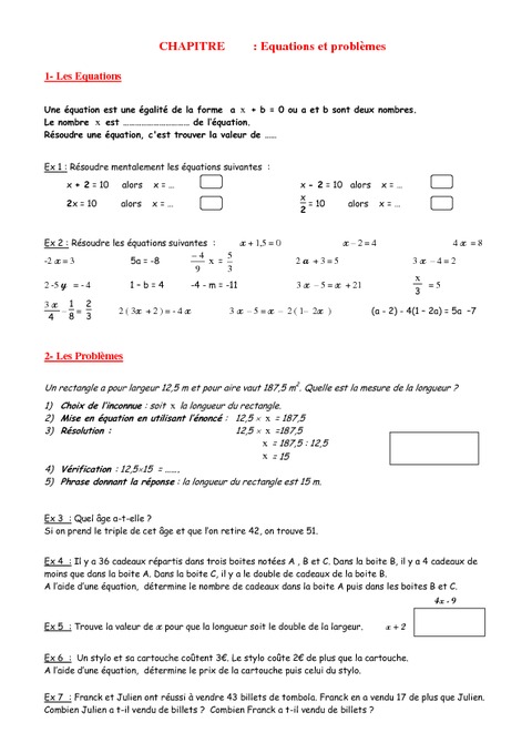 Equations - Problèmes – 4ème – Calculs – Exercices – Contrôle ...