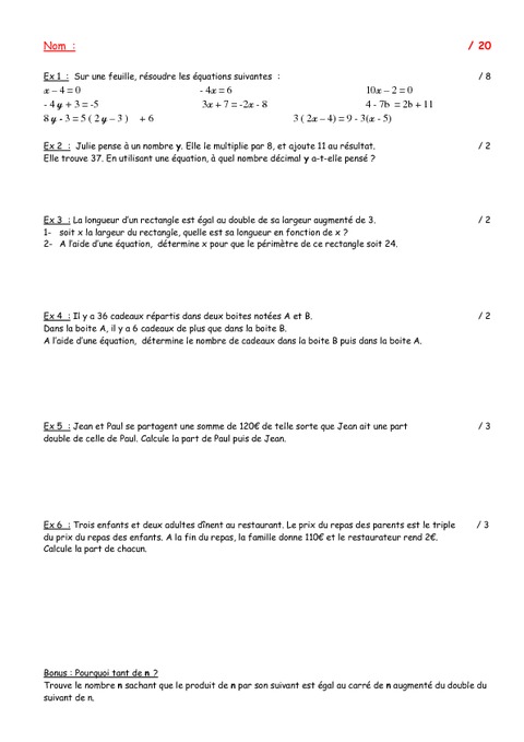 Equations - Problèmes – 4ème – Calculs – Exercices – Contrôle ...