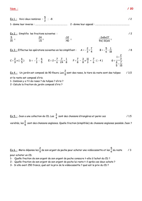 Fractions – 4ème – Numération – Exercices – Contrôle – Mathématiques ...