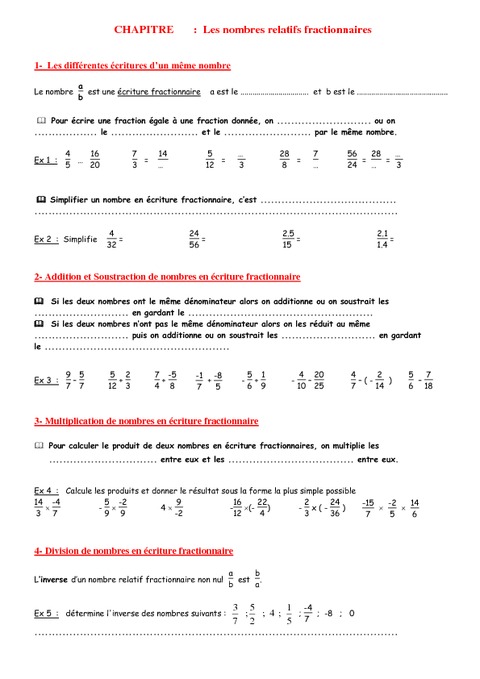 Fractions – 4ème – Numération – Exercices – Contrôle – Mathématiques ...