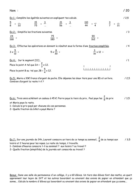 Fractions - Quotients – 6ème – Numération - Exercices – Contrôle ...