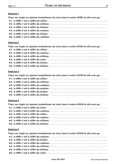 Placer une virgule – 6ème – Exercices corrigés – Mathématiques ...