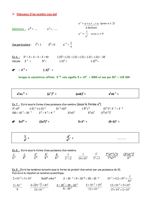 Puissances – 4ème – Calculs – Exercices – Contrôle – Mathématiques ...