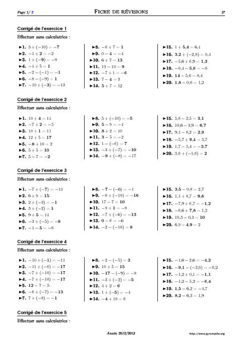 Addition de relatifs - 5ème – Exercices corrigés – Mathématiques ...
