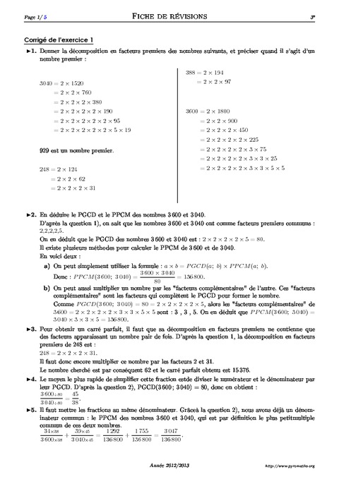 Arithmétique – 3ème – Exercices corrigés – Mathématiques – Collège ...