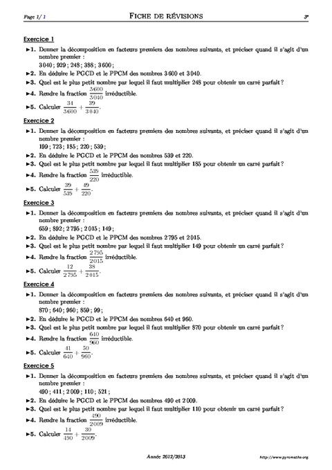 Arithmétique – 3ème – Exercices corrigés – Mathématiques – Collège ...