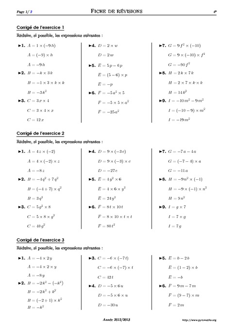 Bases du calcul littéral - 4ème – Exercices corrigés – Mathématiques ...