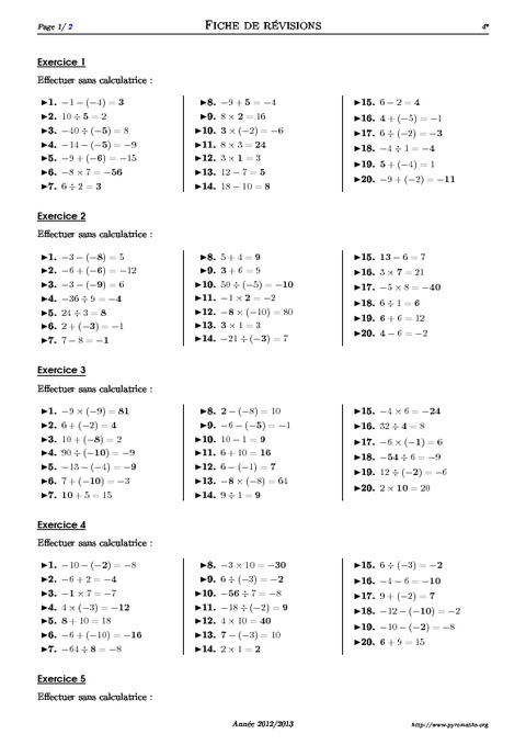 Calcul mental - 4ème – Exercices corrigés – Mathématiques – Collège ...