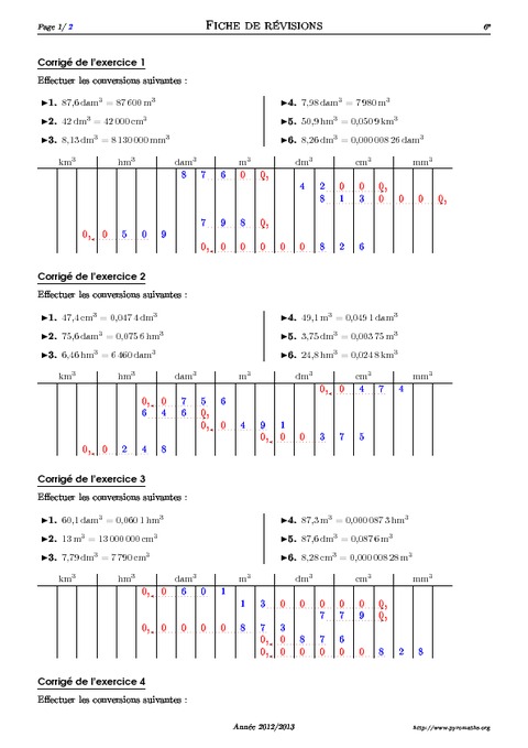 Conversions unités de volumes - 6ème – Exercices corrigés ...