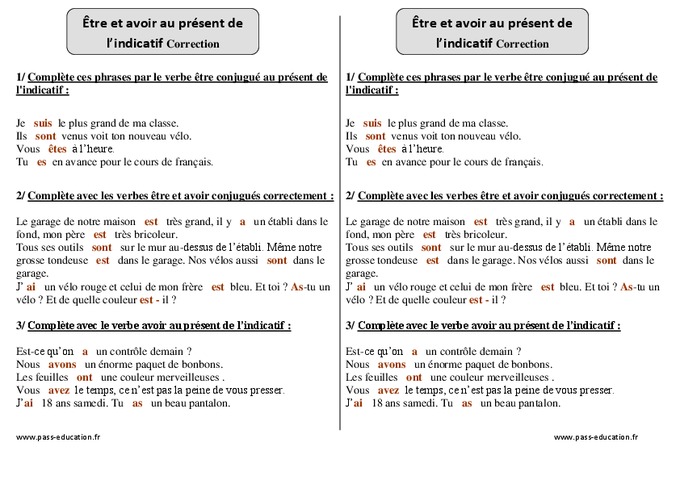 Etre, avoir - Présent - Ce2 – Exercices Corrigés - Pass Education