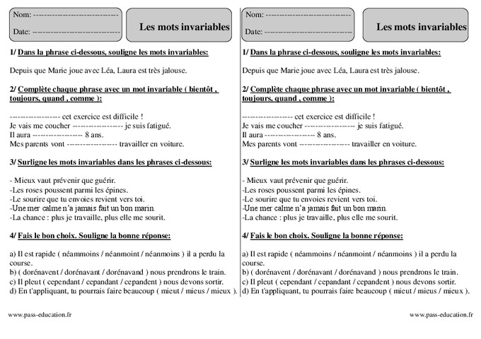 Mots invariables - Ce2 - Exercices corrigés - Pass Education
