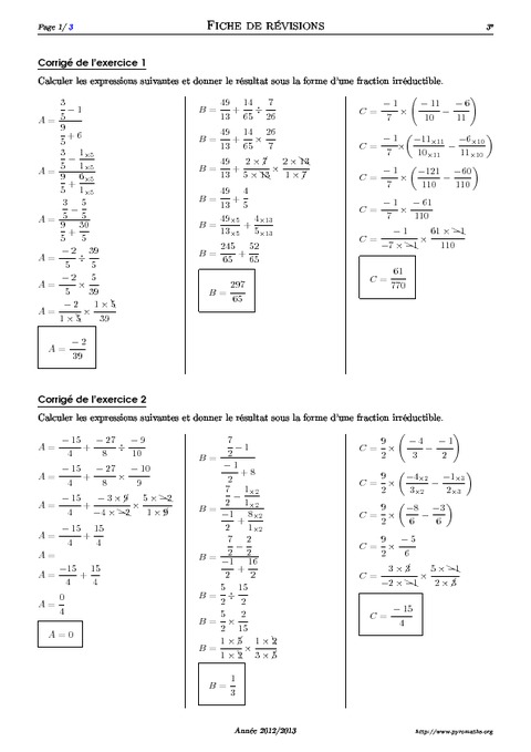 Fractions – 3ème – Exercices corrigés – Mathématiques – Collège ...