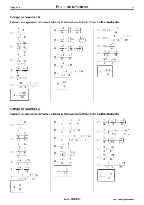Fractions – 3ème – Exercices corrigés – Mathématiques – Collège ...