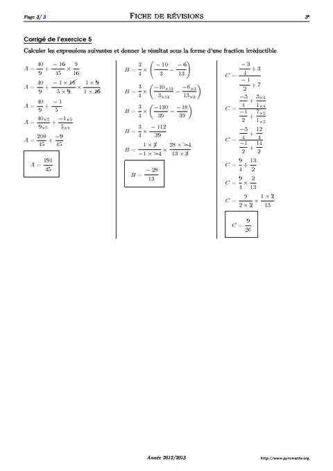 Fractions – 3ème – Exercices corrigés – Mathématiques – Collège ...