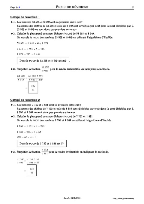 Plus grand commun diviseur - PGCD – 3ème – Exercices corrigés ...