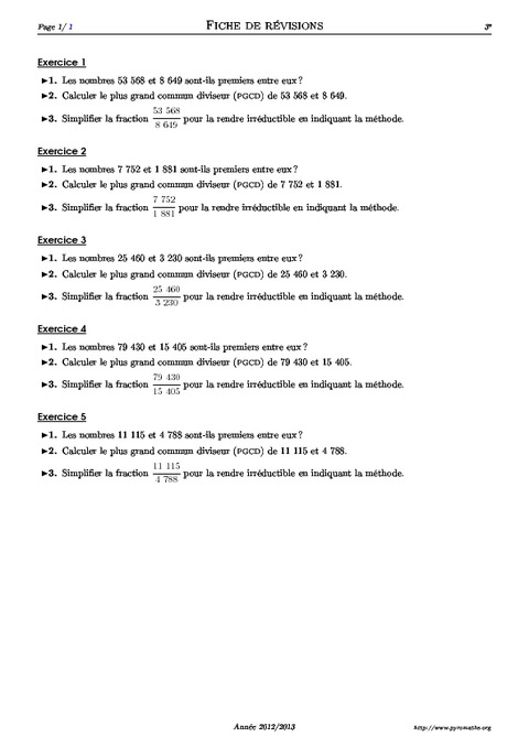 Plus grand commun diviseur - PGCD – 3ème – Exercices corrigés ...